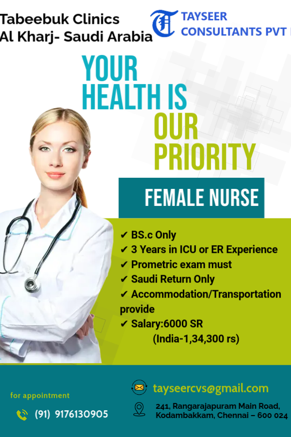 Female Nurse Saudi Arabia - Tayseer Consultants Pvt Ltd