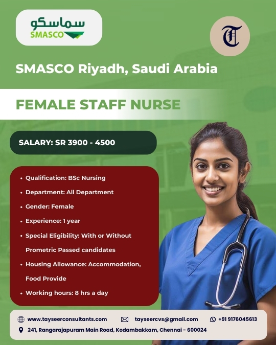 Female Staff Nurse vacancy for SMSACO located in Jeddah, Saudi ...